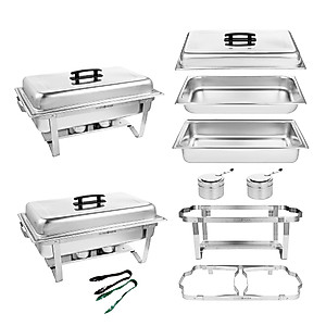 SILVER MOON 2 Pack 9 QT Stainless Steel Chafing Dish Buffet Set, Chafers and Buffet Warmers Sets, Foldable Chafing Dishes, Buffet Servers and Warmers, Food Warmers for Parties (Type 1)