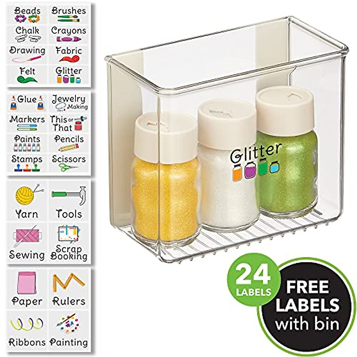 mDesign Plastic Self-Adhesive Wall Mount Craft, Sewing and Hobby Storage Organizer Bin Basket - Compact Container Box Holder for Hanging on Walls/Doors - 6" Wide + 32 Adhesive Labels - Clear