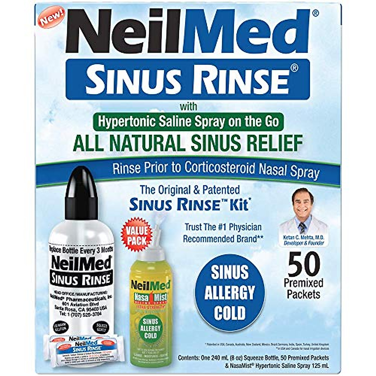 NeilMed Sinus Rinse Kit with Nasamist Extra Strength Hypertonic Saline Spray, 1 Count