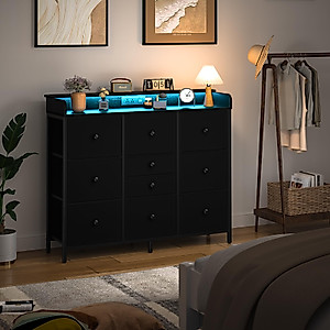 Yoobure Dresser for Bedroom with Charging Station and LED Lights, Tall Dresser TV Stand with 10 Storage Drawers,Fabric Black Dressers & Chests of Drawers,Wood Dresser for Bedroom Closet Organizer