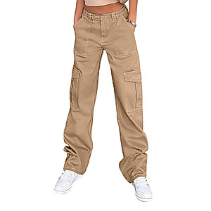 Womens Baggy Cargo Pants y2k Jeans Parachute Pants Teen Girls Wide Leg Trousers Trendy Clothes Hiking Pants Khaki