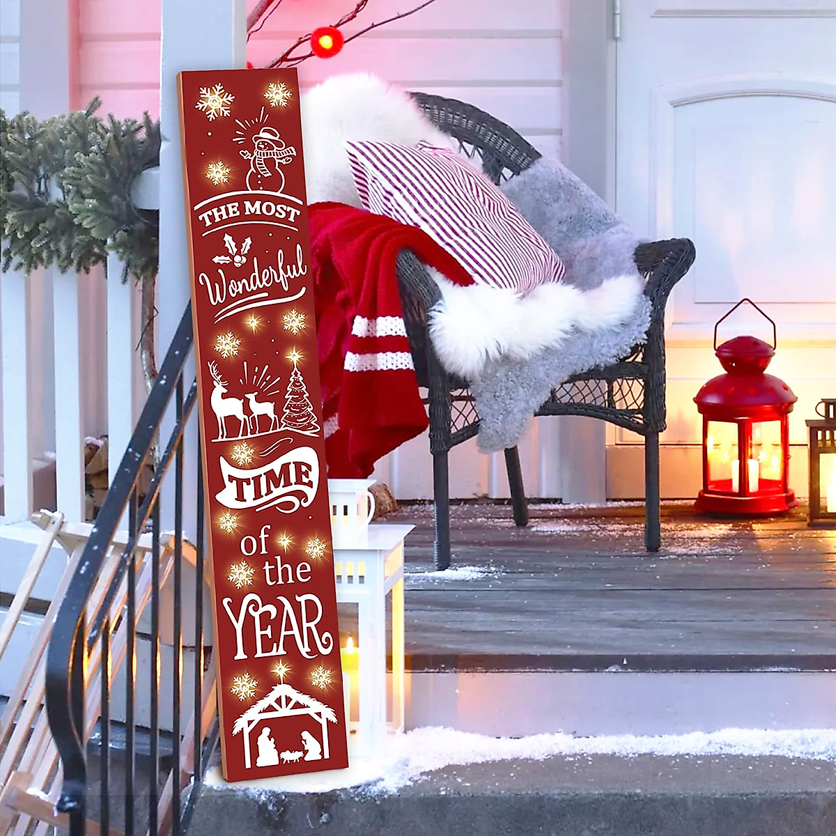 Lighted Wooden Welcome Sign, Merry Christmas Snowflake Elk Porch Sign for Front Door Decorations, Rustic Farmhouse Red Xmas Hanging Signs Wall Sign for Christmas Happy New Year Decor 47.2"H