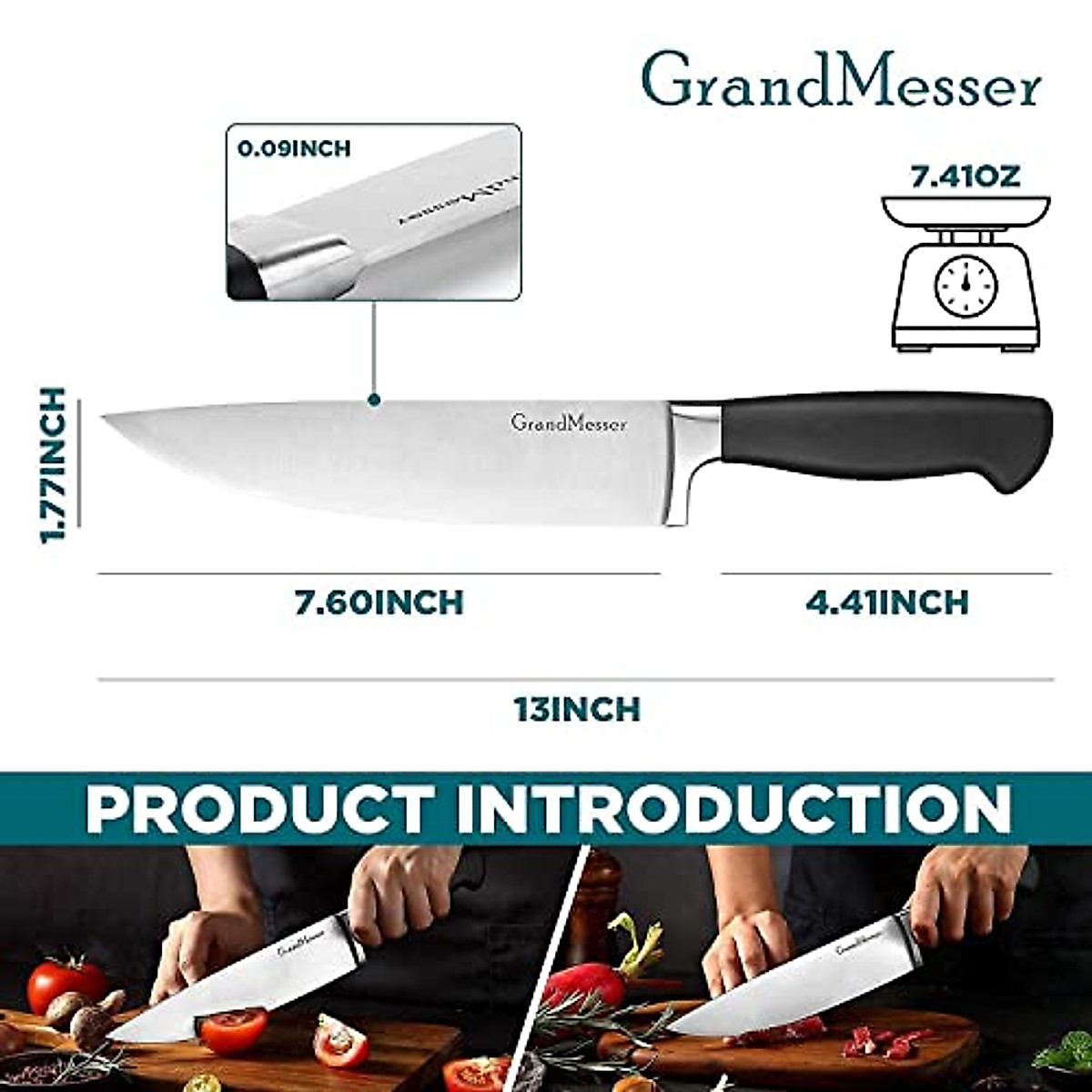 GrandMesser Chef Knife, 8 inch Kitchen Knife, Carbon Stainless Steel Cooking Knife with Ergonomic Handle and Sharpener, Chopping Knife for Professional Use