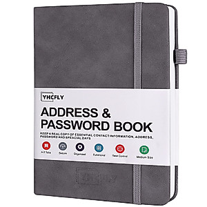 YHCFLY Address Book with Alphabetical Tabs, PU Leather Password Keeper and Telephone Book Address Organizer Record Contacts, Anniversaries, Birthdays - 5.3"x7.7" Grey