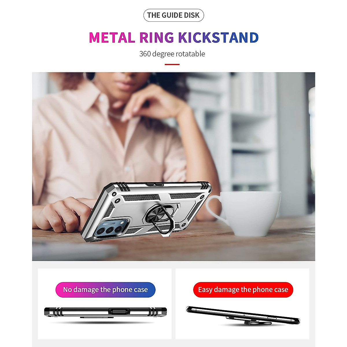 Military Grade Drop Impact for Oneplus Nord N200 5G Case Oneplus Nord N200 Case 360 Metal Rotating Ring Kickstand Holder Armor Heavy Duty Shockproof Case for Oneplus Nord N200 5G Phone Case (Silver)