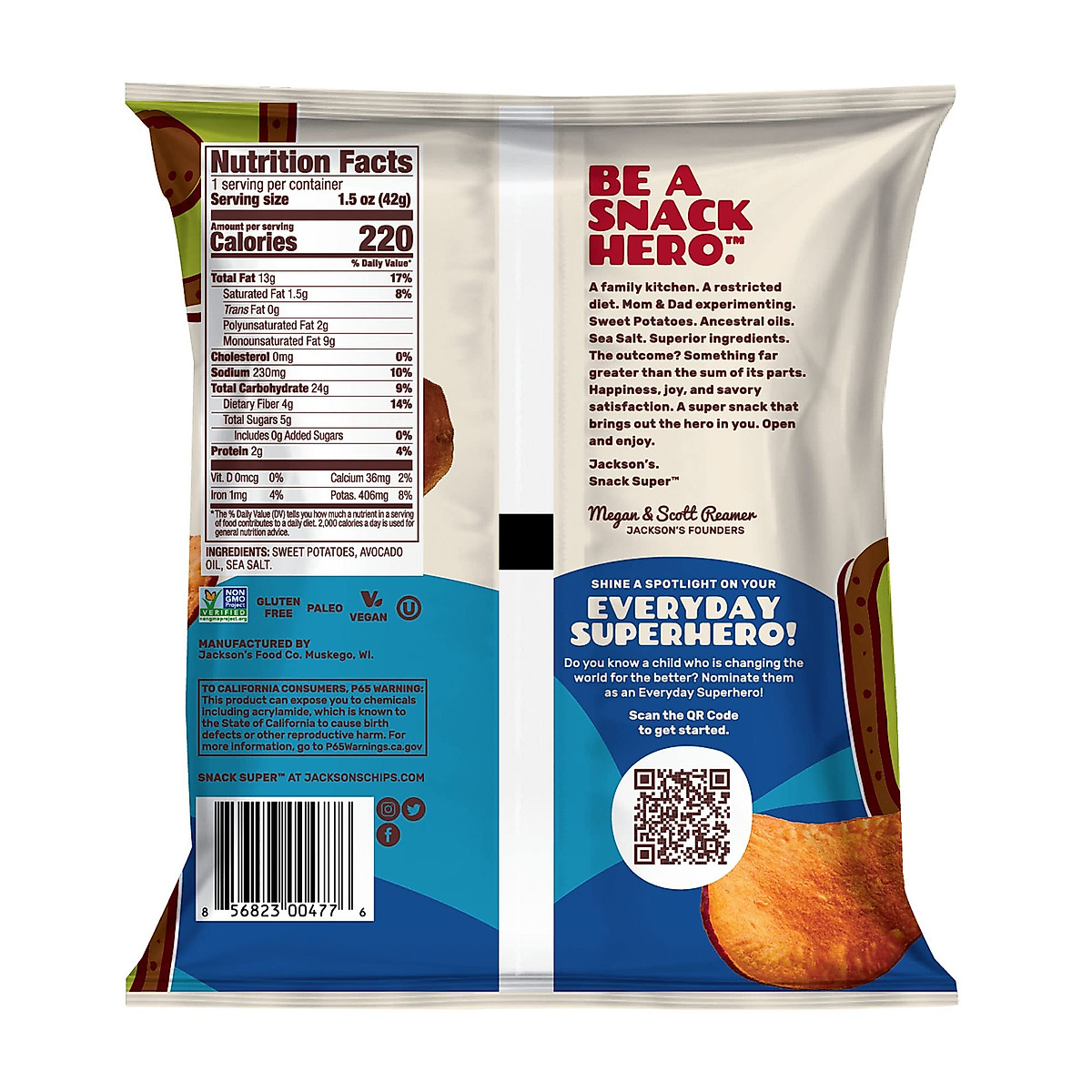 Jackson’s Sweet Potato Kettle Chips with Sea Salt made with Premium Avocado Oil (1.5 oz, Pack of 10) - Allergen-friendly, Gluten Free, Peanut Free, Vegan, Paleo Friendly - Shark Tank Product