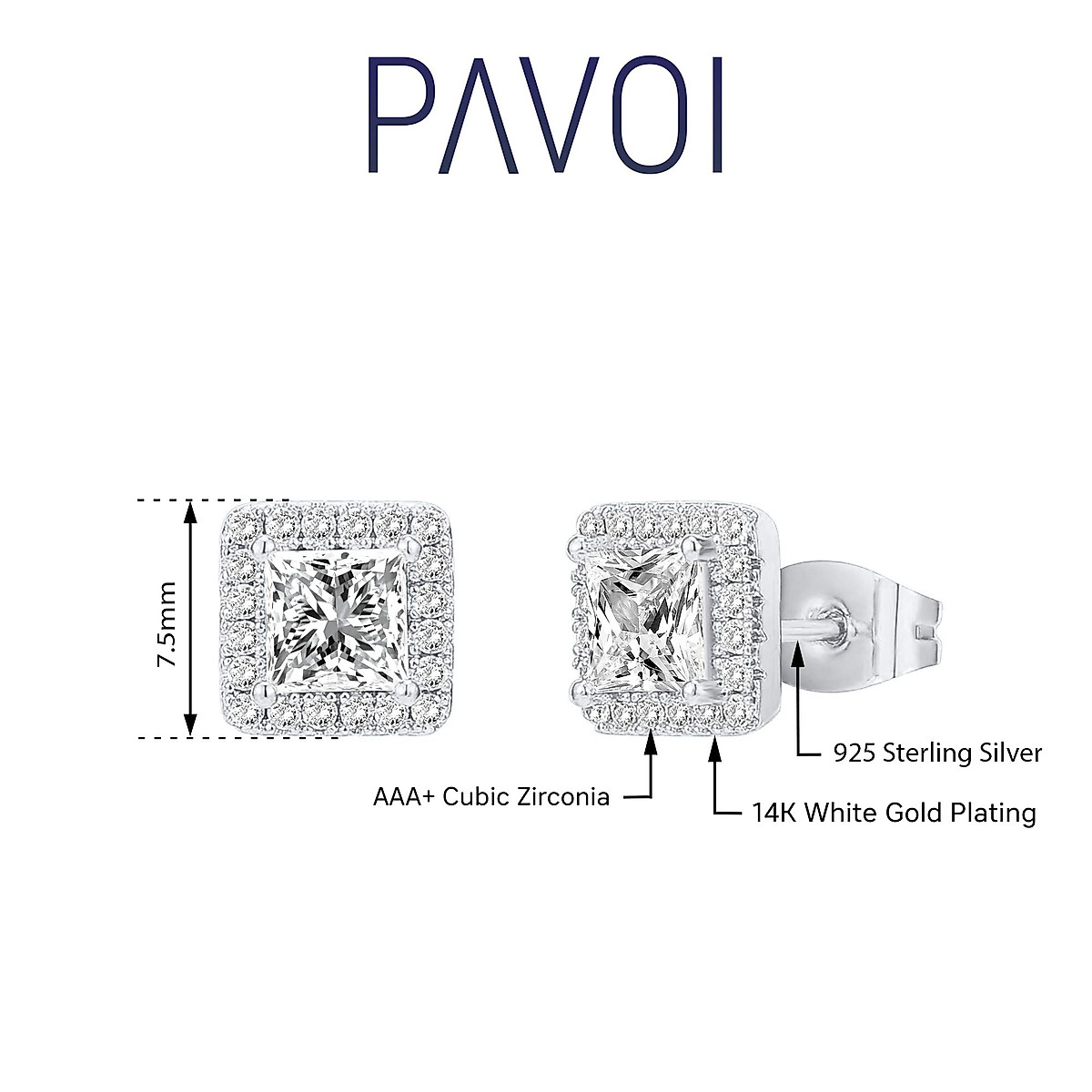 PAVOI 14K Gold Plated Sterling Silver Post Brilliant Round Faux Diamond Princess Cut Earrings - Premium Cubic Zirconia in White Gold