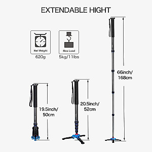 Koolehaoda Professional 65-inch Camera Aluminium Monopod with Folding Three Feet Support Stand
