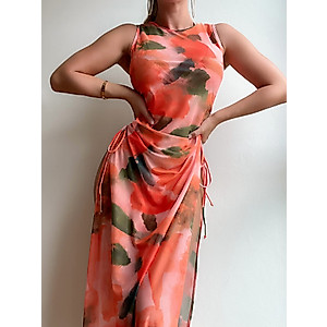 Verdusa Women's Swimsuit Mesh Cover Up High Split Drawstring Bikini Long Dress Multicolored S