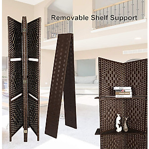 4 Panels Room Screen Divider Hand-Woven Design Room Divider 6 Ft High Fiber Freestanding Privacy with Wooden Removable Storage Shelves Screen Suitable for Living Room and Study, Brown