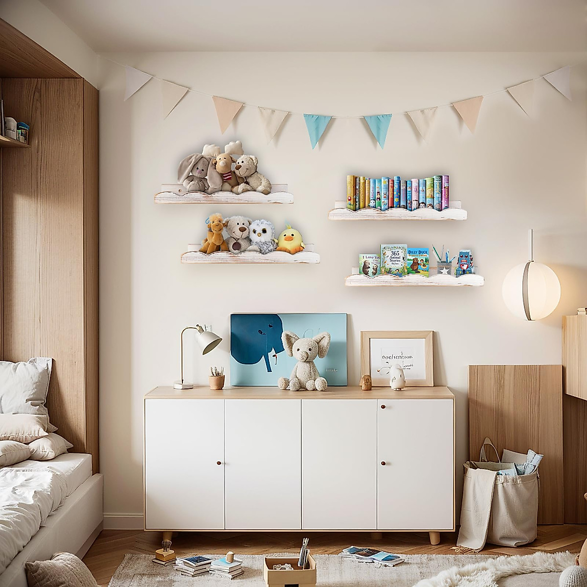 LeeQinersw Floating Nursery Book Shelves - Nursery Shelves for Wall White Hanging Bookshelf for Kids, Scalloped Book Shelf for Kids Rooms, 4 Pack