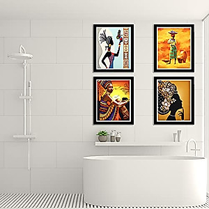 Outus 6 Pieces African Wall Art Painting Ethnic Ancient Retro Canvas Picture Black Woman Ethnic Ancient Theme Diamond Girl for Home Bedroom Bathroom Wall Decor, Unframed