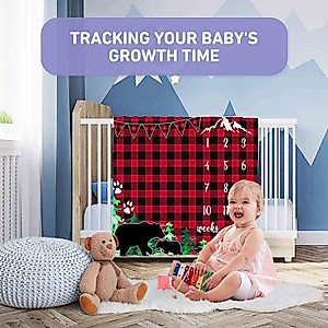 PHMOJEN Red Buffalo Plaid Milestone Blanket for Baby Boy, Rustic Hunter Theme Woodland Bear Age Blanket for Nursery, Lumberjack Baby Shower Backdrop, 1-12 Months, Includes Marks 40"x40" BTLSPH254