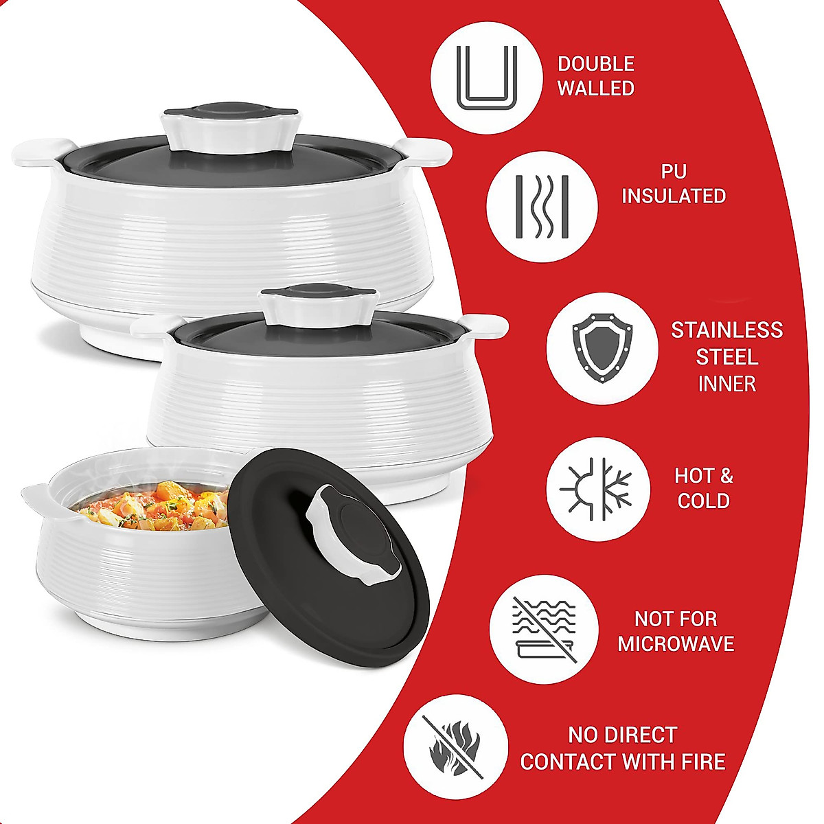 Milton Casserole for Hot Food, Double Walled Insulated Inner Stainless Steel Hot Pot with Lid, Serving box for Food and Roti, Serving Bowl, Set of 3 (Size 62, 45, 28 oz) Venice, Micro White