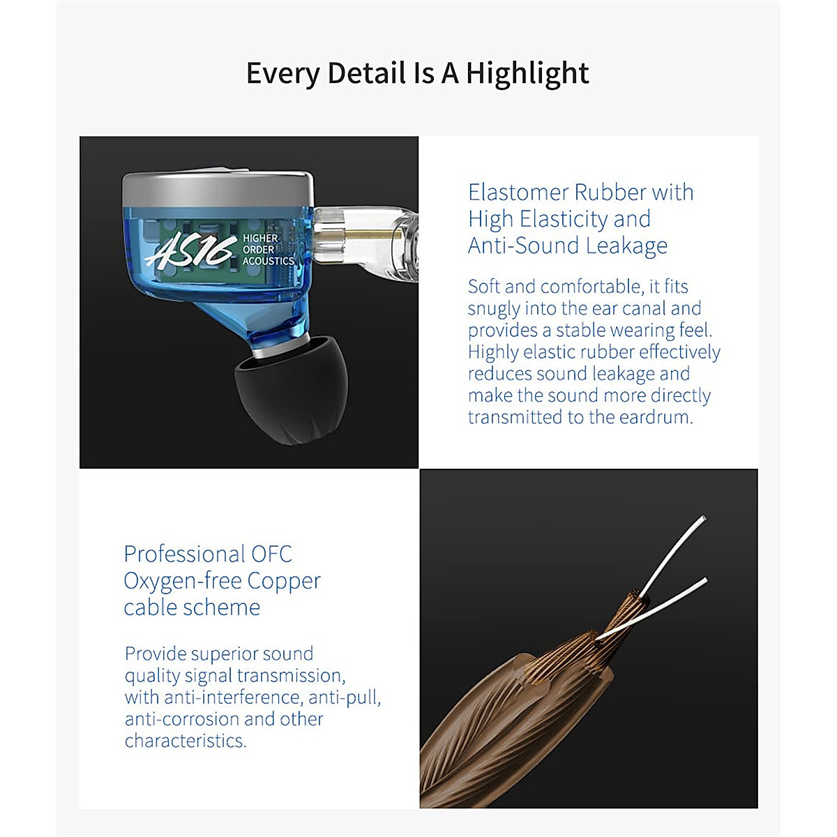 YINYOO KZ AS16 in Ear Monitors IEM Metal in Ear Headphones Earphones HiFi Stereo Sound Wired Earbuds Noise Cancelling with 8BA Balanced Armature Driver 0.75mm 2pins Cable (with mic, Black)