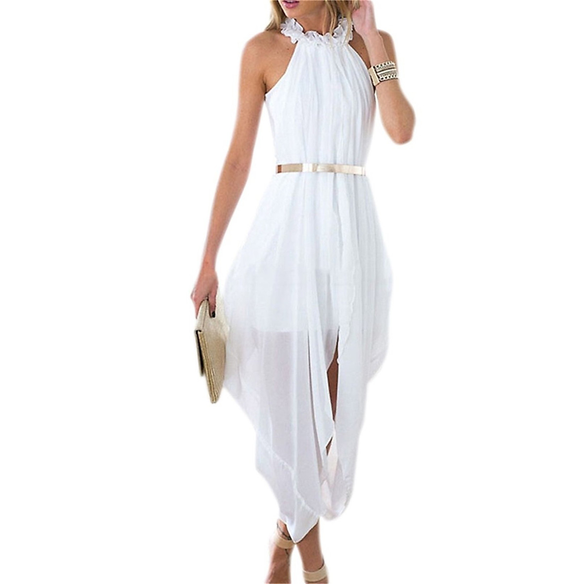 KingField Women's Chiffon Greek Goddess Fairy High Low Dresses Outer Maxi Inner Mini Beach Party Dress Large White