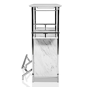 Furniture of America Linda Glam Faux Marble Multi-Storage Bar Table with Comfortable Footrest for Dining Room, Kitchen, White and Chrome