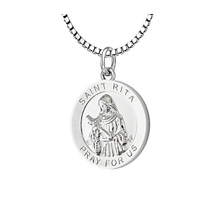 US Jewels New Polished 3/4in 0.925 Sterling Silver Saint St Rita Medal Pendant Necklace