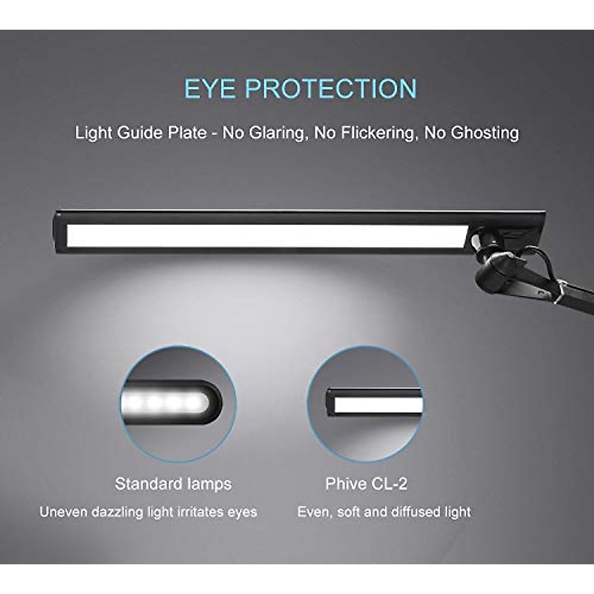 PHIVE LED Desk Lamp, Architect Task Lamp, Metal Swing Arm Dimmable Drafting Table Lamp with Clamp (Touch Control, Eye-Care Technology, Highly Adjustable Office, Craft, Studio, Workbench Light) Black