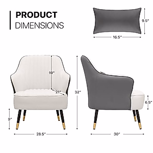 MoNiBloom Accent Upholstered Chair for Living Room Bedroom, Mid-Century Modern Leatheraire Sofa Chair Reading Chair w/Lumbar Pillow for Reading, Metal Legs White/Gray Contrasting Colors Comfy Chair