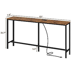 SUPERJARE Console Table with Outlet, 63 Inch Sofa Table with Charging Station, Narrow Entryway Table, Skinny Hallway Table, Behind Couch Table, for Living Room, Plants - Rustic Brown