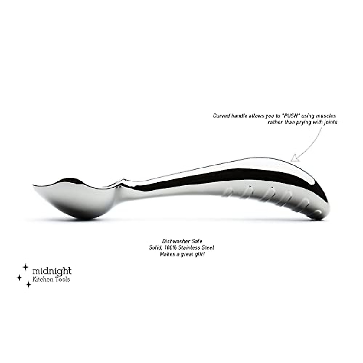 Stainless Steel Ice Cream Scoop by Midnight Scoop - Ergonomic Ice Cream Scooper for Hard Ice Cream - Dishwasher Safe Ice Cream Spade