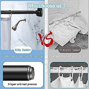 Matte Black Shower Curtain Rod No Drill, 28-48 Inch Spring Tension Adjustable Never Rust, Stainless Steel Heavy Duty for Shower Stall/Closet/Windows/Bathroom No Drilling, with Holder