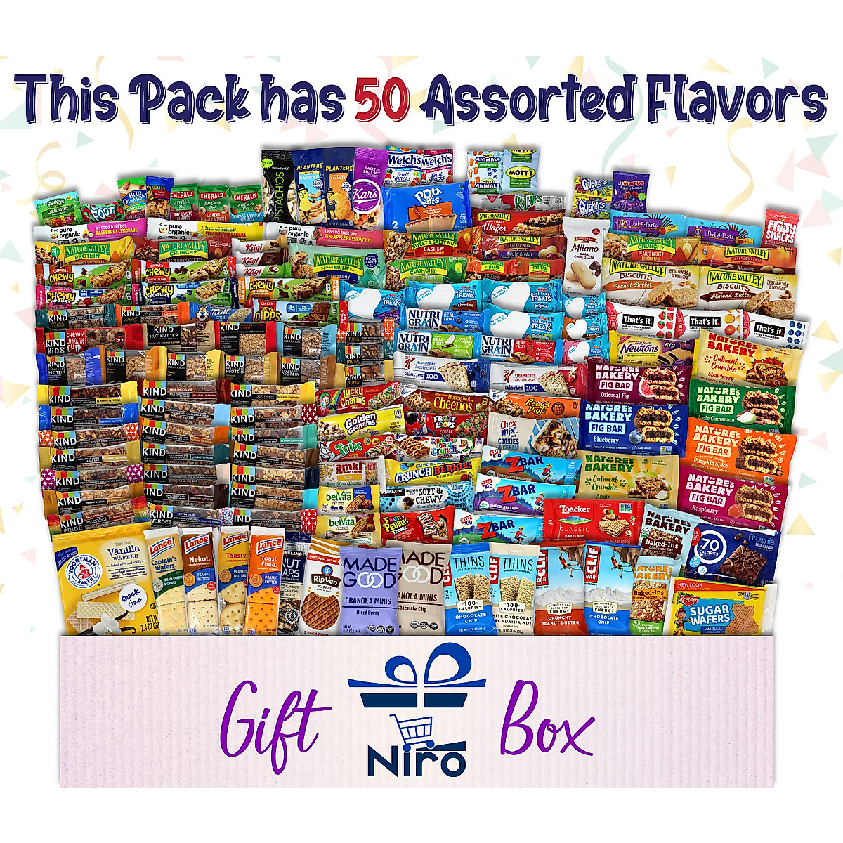 Niro Assortment | Healthy Snack Box Variety Pack | 50 Count Assortment Including Nature's Valley, Cliff Bars, Kind Bars, and More | Ideal Healthy Office Snacks for Adults | Delicious and Nutritious