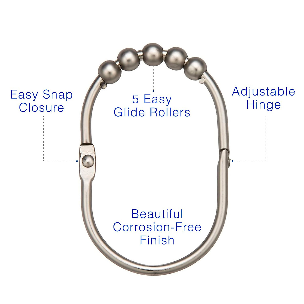 2LB Depot Wide Shower Curtain Rings/Hooks Set, Decorative Brushed Satin Nickel Finish, Easy Glide Rollers,100% Rustproof Stainless Steel, Set of 12 Rings for Shower Rods. Rust Proof Shower Hooks Rings