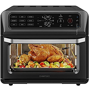 Chefman Air Fryer Toaster Oven Combo with Probe Thermometer, 12-In-1 Stainless Black Convection Oven Countertop, 10 Inch Pizza, 4 Slices of Toast, Cooking, Baking, Toasting, Roaster Oven Airfryer 20QT