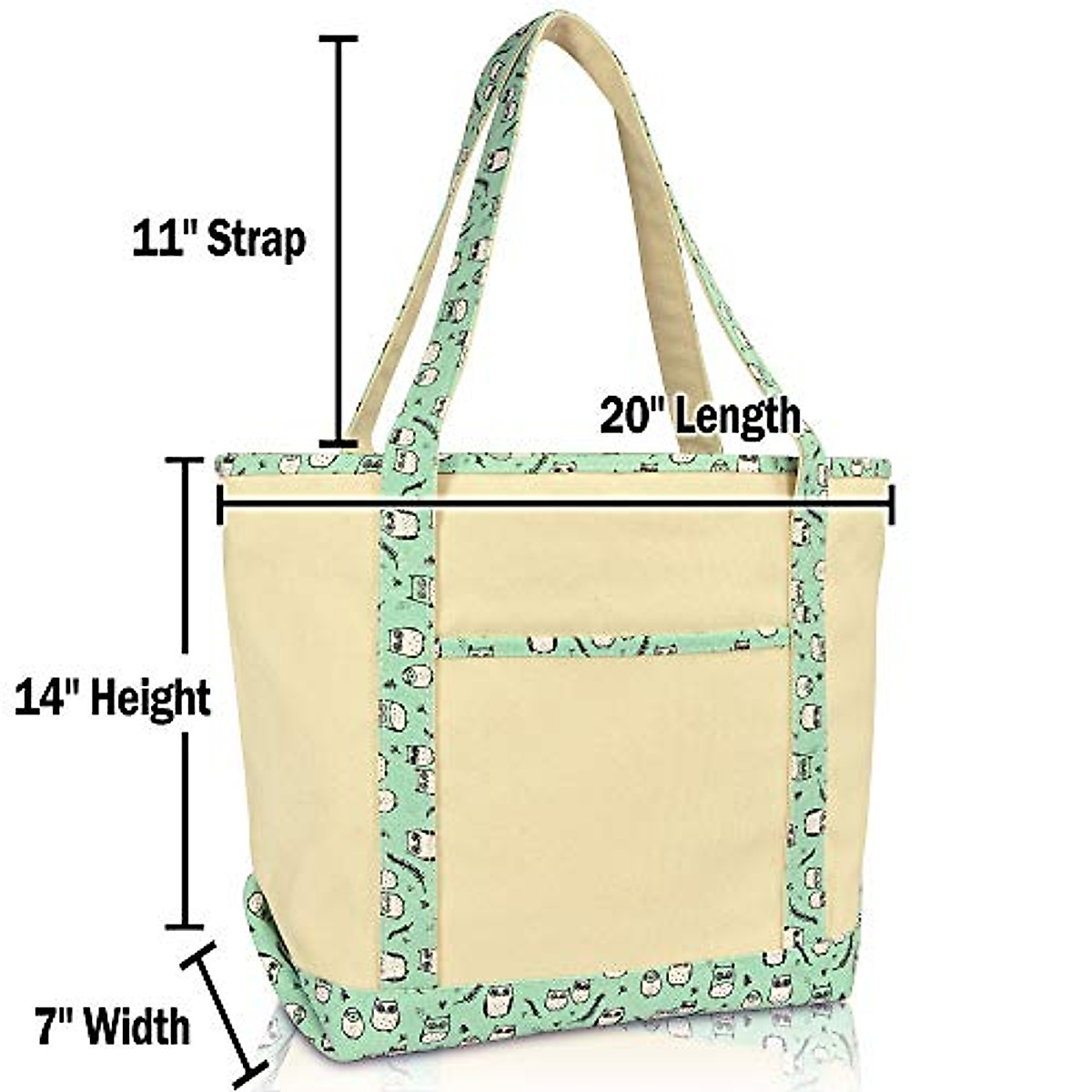 DALIX 20" Large Teal Owl Tote Shoulder Bag Natural Cotton Canvas