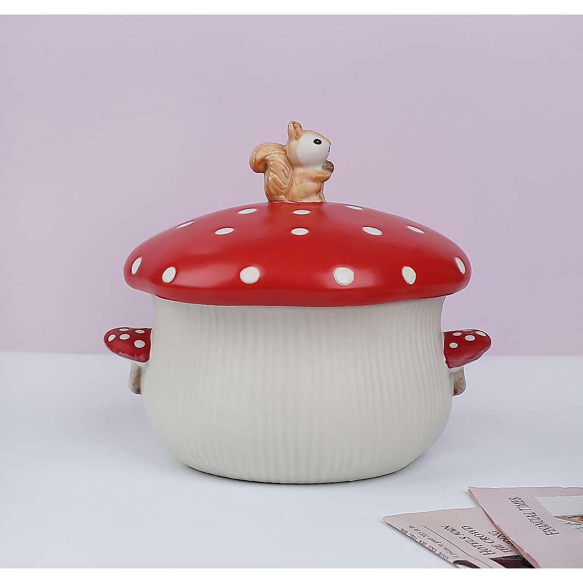 RESVUGA Large Soup Bowl, Double Mushroom Handle & Mushroom Lid - Safety Matt Ceramics 32oz Noodles Bowls, Use for Stew, Salad, Porridge & More.