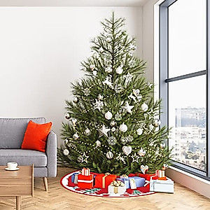 FYY Christmas Tree Skirt, 48 Inch Soft Plush Xmas Tree Skirt, Large Red Christmas Tree Ornaments Mat with Snowman Snowy Pattern for Christmas Decorations Holiday Party Home Decor