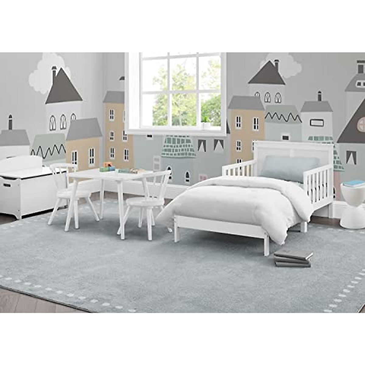 Delta Children Collins Wood Toddler Bed + Simmons Kids SlumberTime Naturally 2-Stage Premium Foam Crib and Toddler Mattress - Waterproof - GREENGUARD Certified [Bundle], Bianca White