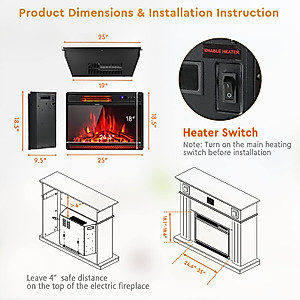 COSTWAY Electric Fireplace Insert 25-Inch Wide, 900/1350W Recessed and Freestanding Heater with Remote Control, 3 Flame Colors, 4 Brightness, Adjustable Temperature, Electric Fireplace for Indoor Use