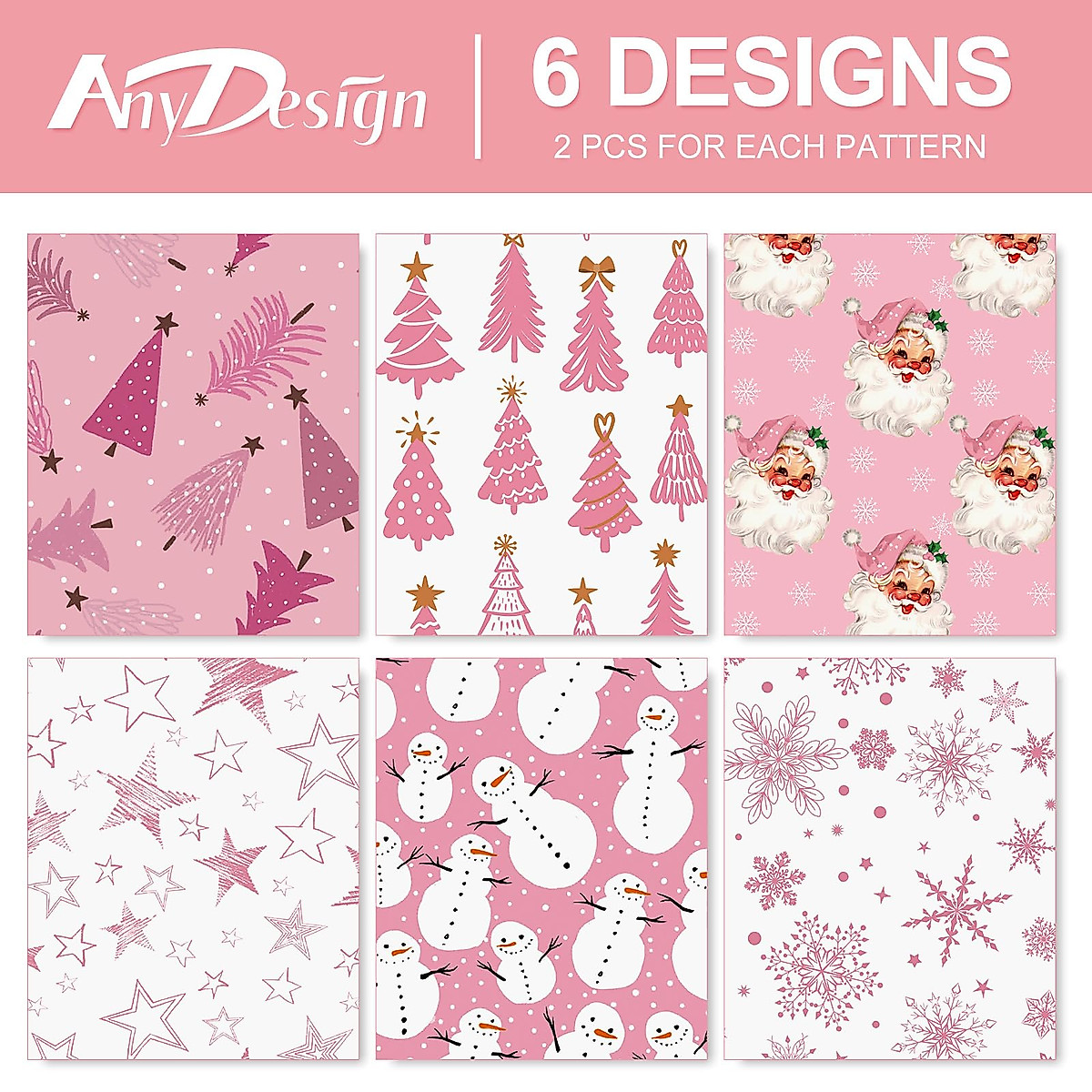 AnyDesign 12 Sheet Pink Christmas Wrapping Paper Santa Snowman Snowflake Star Tree Gift Wrap Paper Folded Flat Xmas Art Paper for Christmas Winter Birthday DIY Crafts Gift Wrapping, 19.7 x 27.6 Inch