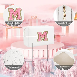 Small Personalized Letter Makeup Bag, Cute PU Leather Chenille Letters Cosmetic Bag Travel Makeup Bag, Preppy Makeup Pouch Travel Organizer Zipper Pouch Organizer for Women and Girls(WhitePink-M)