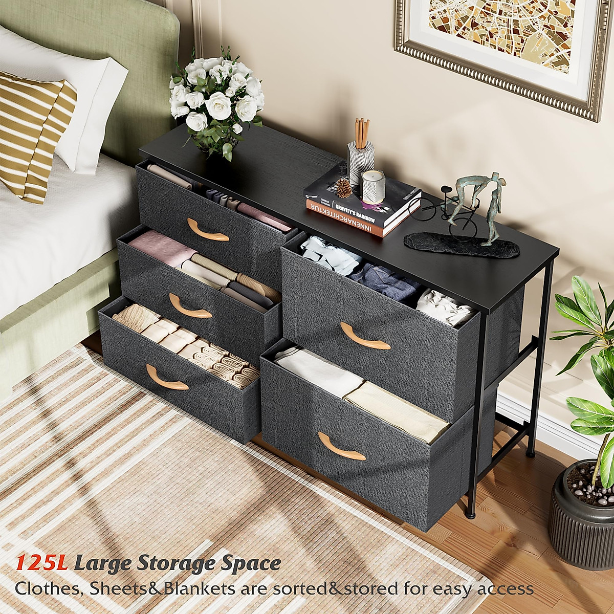 Nicehill Dresser for Bedroom with 5 Drawers, Storage Drawer Organizer, Wide Chest of Drawers for Closet, Clothes, Kids, Baby, TV Stand with Storage Drawers, Wood Board, Fabric Drawers(Black Grey)