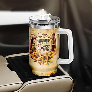 99WHALE Horse Horseshoe Sunflowers, Tumbler 40 Oz With Handle Lid And Straw, Horse Gifts, Yellow Women For Coffee Horses Handle Music Tumblers Cups Lovers Sunflower