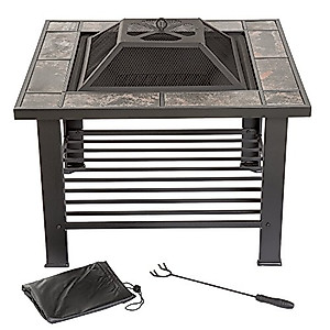 Fire Pit Set, Wood Burning Pit - Includes Screen, Cover and Log Poker - Great for Outdoor and Patio, 30 inch Square Marble Tile Firepit by Pure Garden
