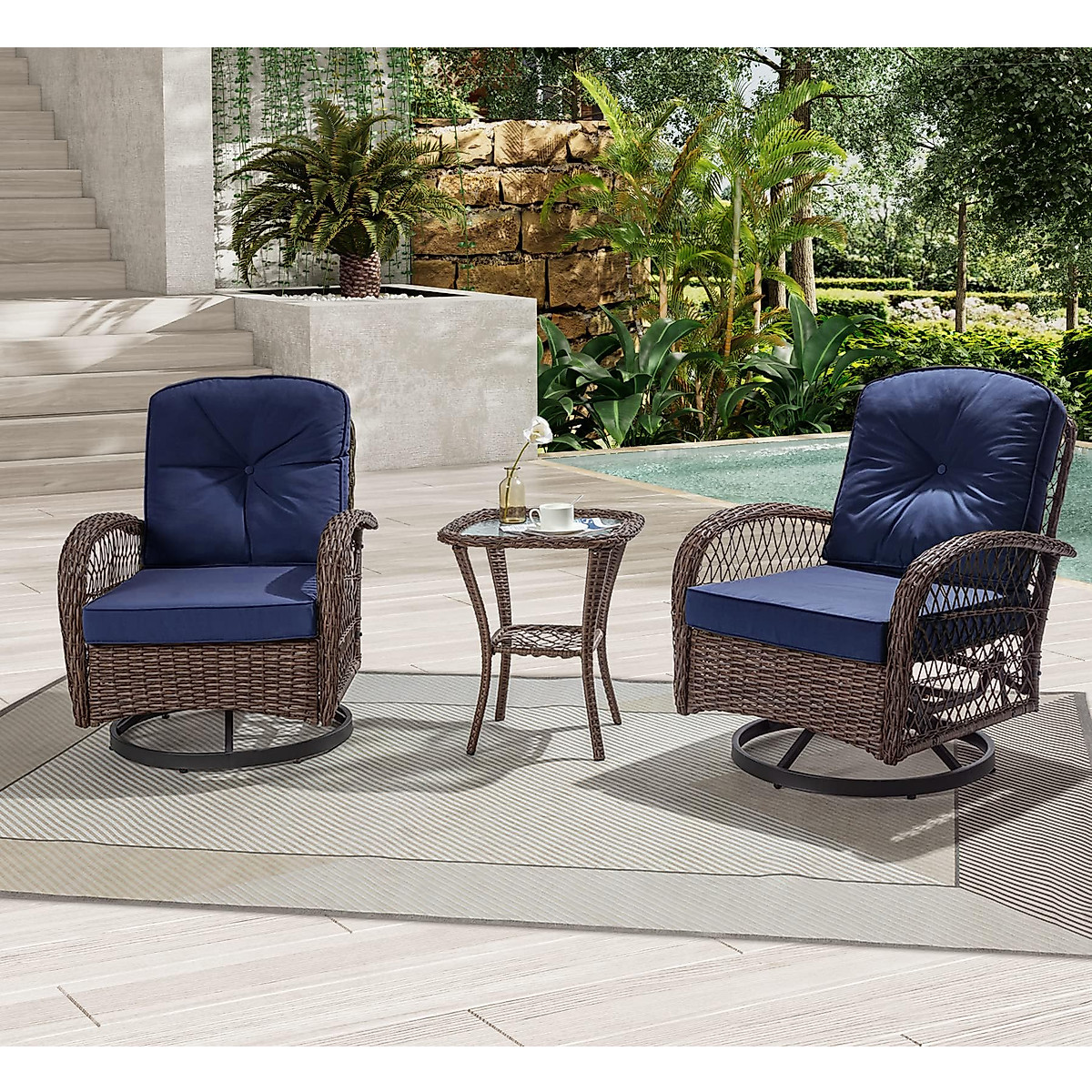 IMUsee Patio Furniture Set, 3 Pieces Swivel Rocking Chairs Outdoor Wicker Patio Bistro Set with Thick 4" Cushions, Brown & Blue