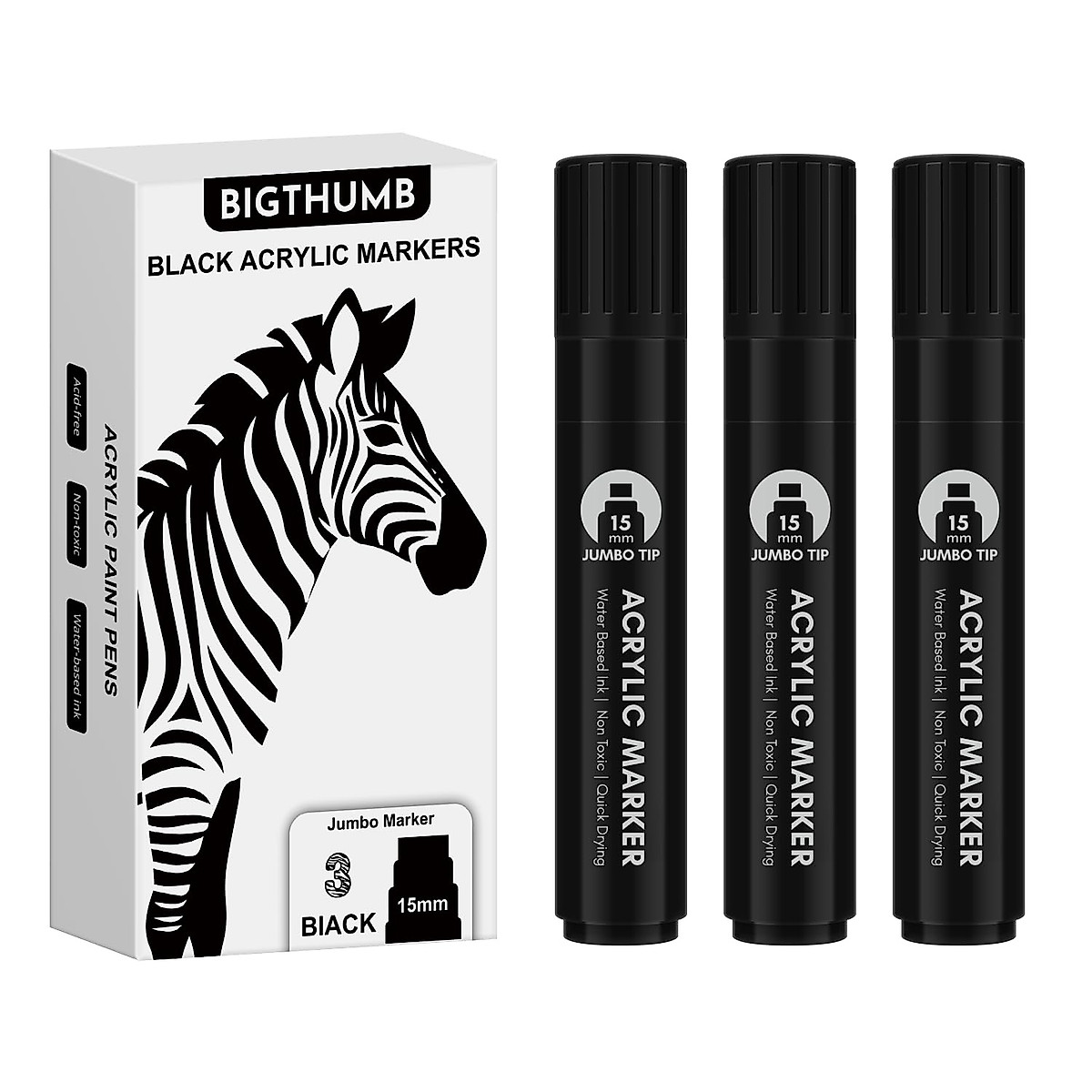 BIGTHUMB 3 Pcs Black Jumbo Permanent Markers: 15mm Wide Tip Thick Acrylic Paint Pen Large Calligraphy Marker for Rock Painting, Poster, Sign, Canvas, Glass, Wood, Ceramic