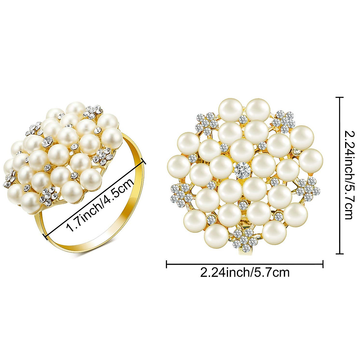 Hotop Napkin Rings Set Gold Pearls Flower Napkin Buckles Rhinestone Round Napkin Holders for Wedding Banquet Home Party Decoration Dining Table Linen Accessory (12 Pcs)