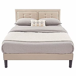 VECELO Queen Size Upholstered Bed Frame with Height Adjustable Fabric Headboard, Heavy-Duty Platform Bedframe/Mattress Foundation/Strong Wood Slat Support/No Box Spring Needed, Beige