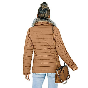 Vetinee Women Casual Faux Fur Lapel Zip Pockets Quilted Parka Jacket Puffer Coat Almond Brown X-Large (Fits US 16-US 18)