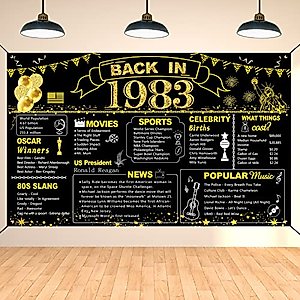 DARUNAXY 40th Birthday Black Gold Party Decoration, Back in 1983 Banner 40 Year Old Birthday Party Poster Supplies Vintage 1983 Backdrop Photography Background for Men & Women 40th Class Reunion Decor