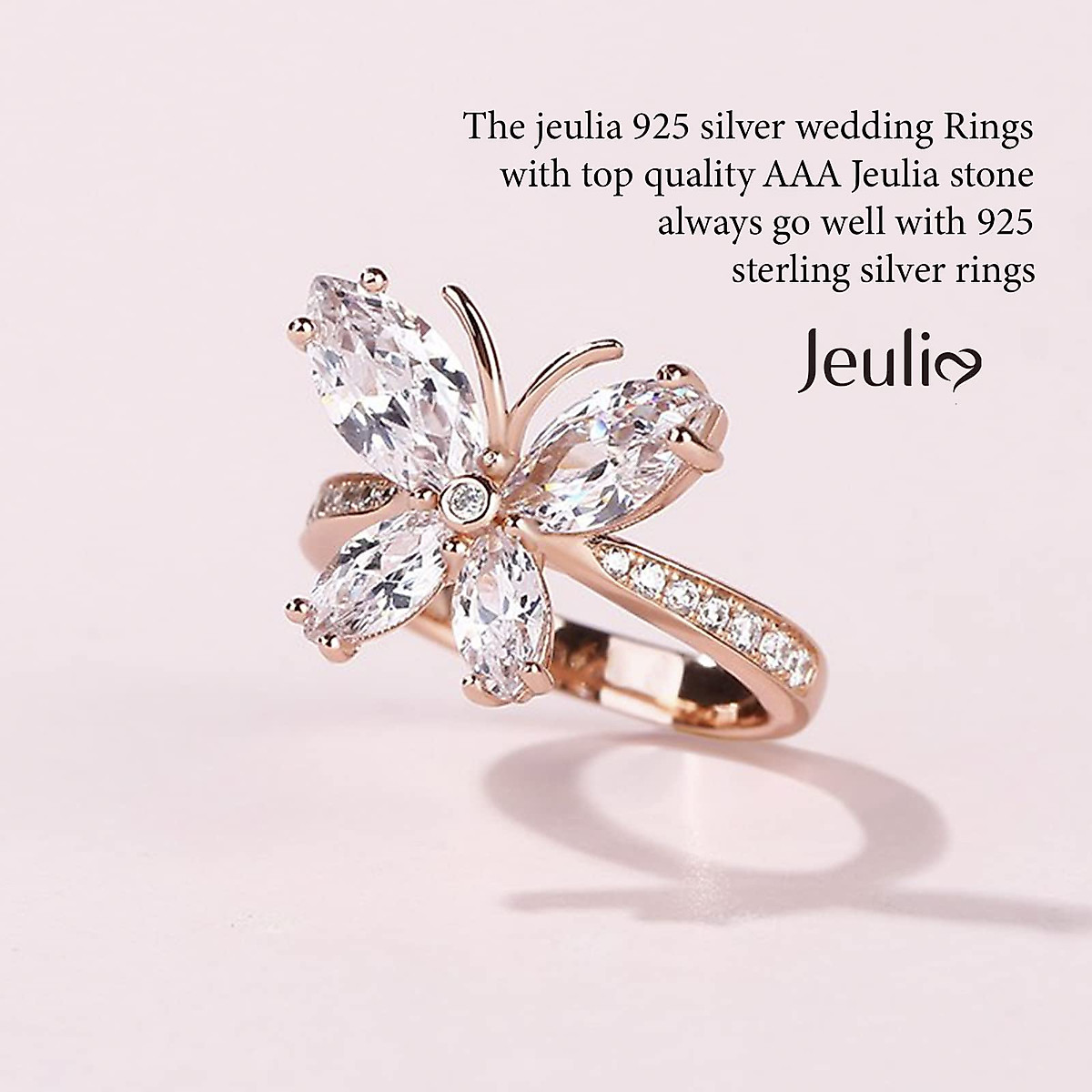 Jeulia Sterling Silver Rose Gold-Plated Butterfly Ring Band for Women Girls Romantic Diamond Jewelry for Her Wedding Birthday Mother's Day Anniversary with Gift Box (Butterfly, 6)