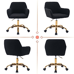 Modern Faux Fur Home Office Chair, Upholstered Swivel Chair Makeup Vanity Chair for Teen Girls Swivel Desk Chair with Gold Base, Height Adjustable Leisure Elegant Office Chair, Black