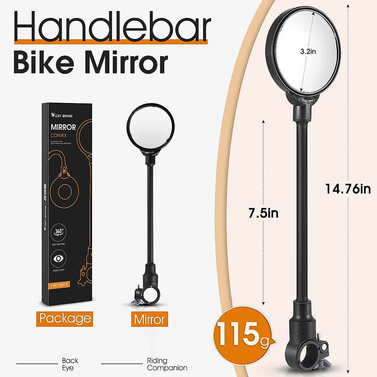 West Biking Bike Mirror Handlebar Mount, Adjustable Rotatable Bicycle Rear View Mirror, Wide Angle Acrylic Convex Safety Mirror for Mountain Road Bike (Black- 2 PCS Converx Mirror)