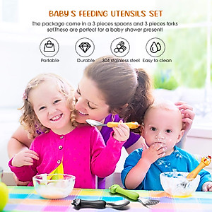 6 Pieces Toddler Utensils Baby Spoon Fork Set Toddler Flatware Set with Travel Case Baby Feeding Training Spoons Forks with Cute Cartoon Handle Stainless Steel Baby Angled Spoons for Age Over 6